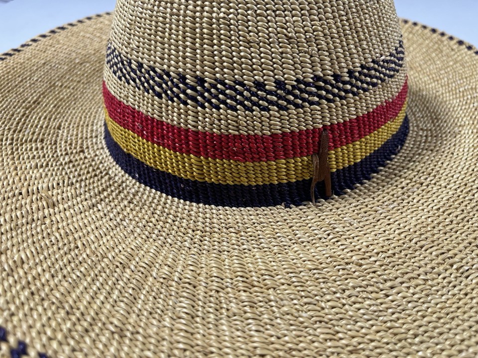South African Raffia Palm Woven Straw Hat w/ Leather Braided adjustable ...