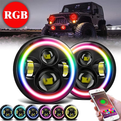 Pair RGB 7'' Halo LED Headlights DRL Lights Combo Kit For Jeep Wrangler ...