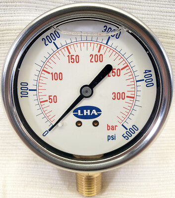 LHA 5000 psi Pressure Gauge Liquid Filled 2.5" Dia. 1/4" NPT PGL-A-63-N ...