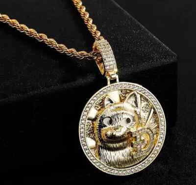 Gold Plated DOGE COIN Cubic Zirconia Pendant & 18" 20" 24" Rope Chain ...