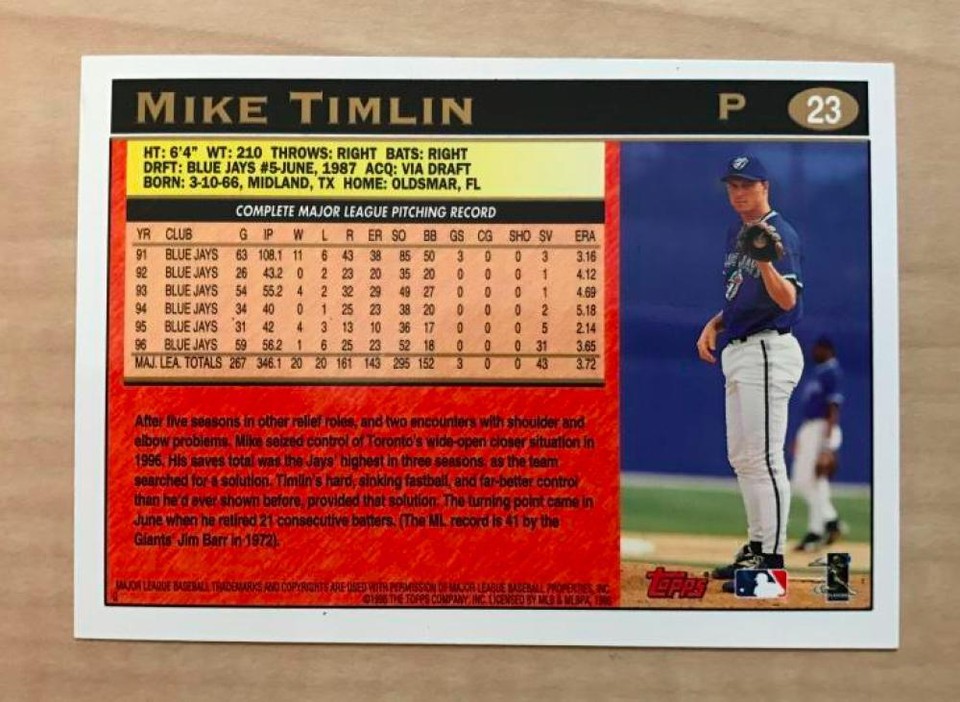 MIKE TIMLIN TORONTO BLUE JAYS SIGNED AUTOGRAPHED 1997 TOPPS CARD #23 W ...