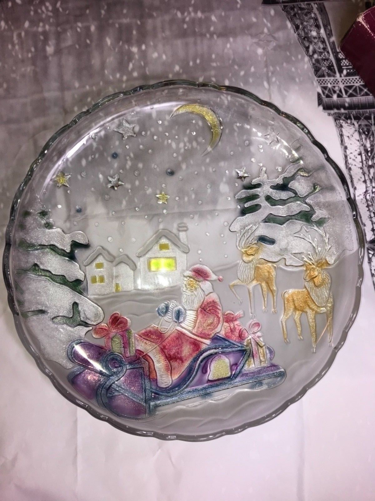 Grandeur Noel Glass Christmas Platter Santa Claus Reindeer Snow ...