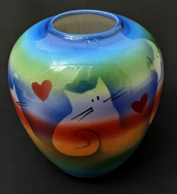 Bright Multicolor Glazed Hearts and Cats Vase Signed by Artist Judith ...