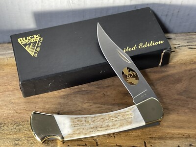 Buck Knives USA 110 Custom Shop “Fighting Bucks” Stag Handles Mint In ...