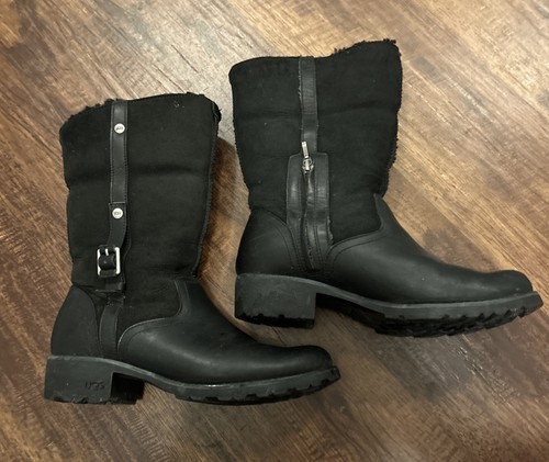 UGG Black Leather & Suede Calf Height Moto Lug Boots Sherpa Lined ...
