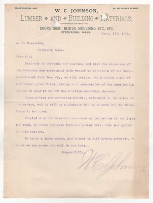1891 WC JOHNSON LETTERHEAD LUMBER BUILDING MATERIALS WATER ST FITCHBURG ...