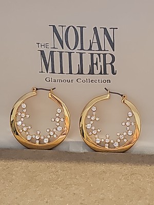 Beautiful NOLAN MILLER Crystal RHINESTONE GOLD TONE 1.5" HOOP EARRINGS ...