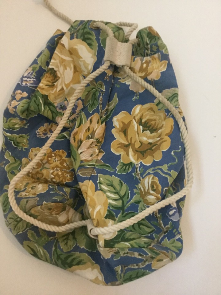 Laura Ashley Vtg Blue Yellow Floral Canvas Cinch Backpack Rope Straps ...