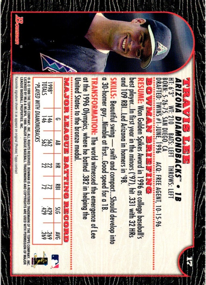 Signed 1999 Bowman #17 Travis Lee International 17 Diamondbacks ...