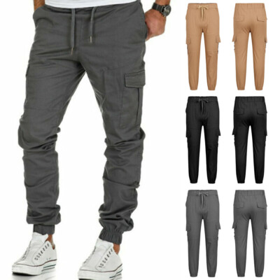 Mens Elasticated Waist Cargo Combat Work Trousers Pocket Cuffed Joggers ...