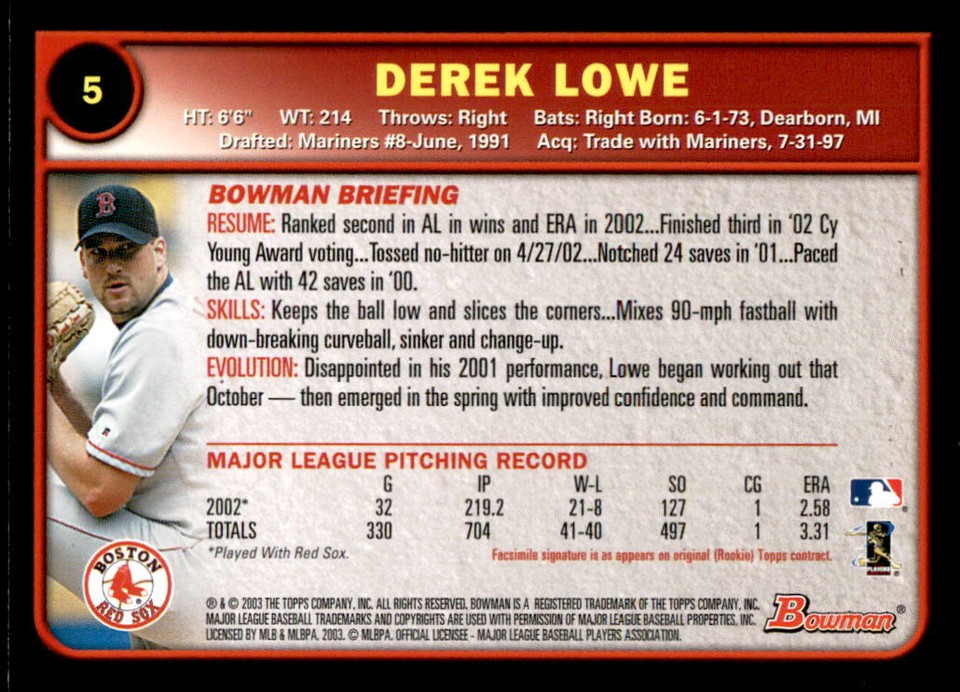 2003 Bowman #5 Derek Lowe Boston Red Sox | eBay