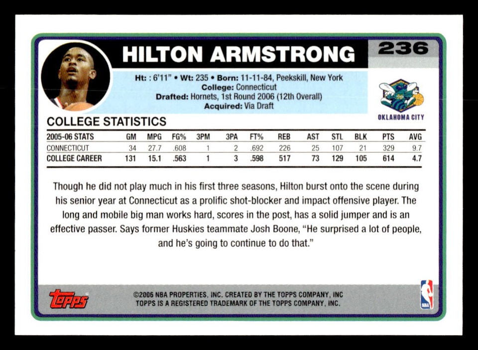 Hilton Armstrong New Orleans Hornets Rookie 2006-07 Topps #236 | eBay