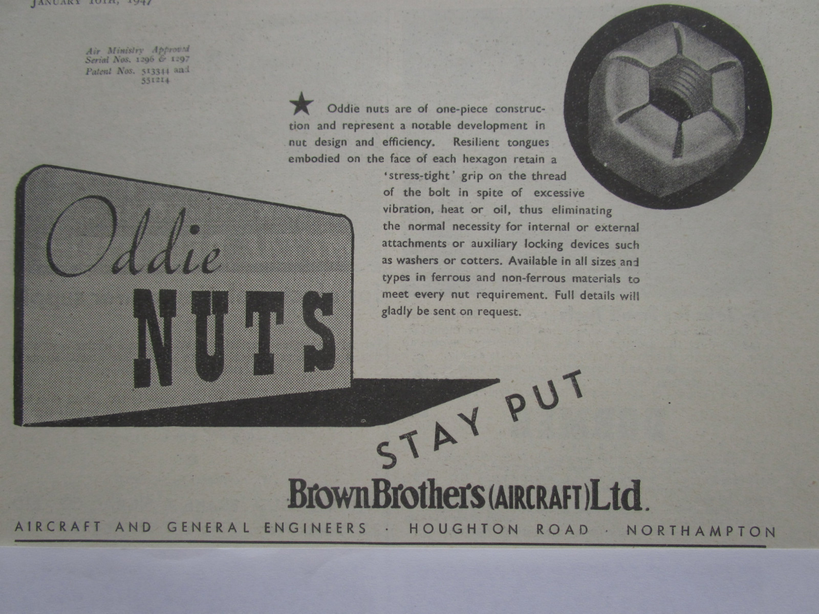 1/1947 PUB BROWN BROTHERS AIRCRAFT ODDIE NUT BOLT BOULON VISSERIE ...