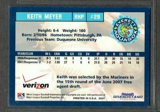 2007 Grandstand #29 Keith Meyer Everett AquaSox Signed Autograph Card ...