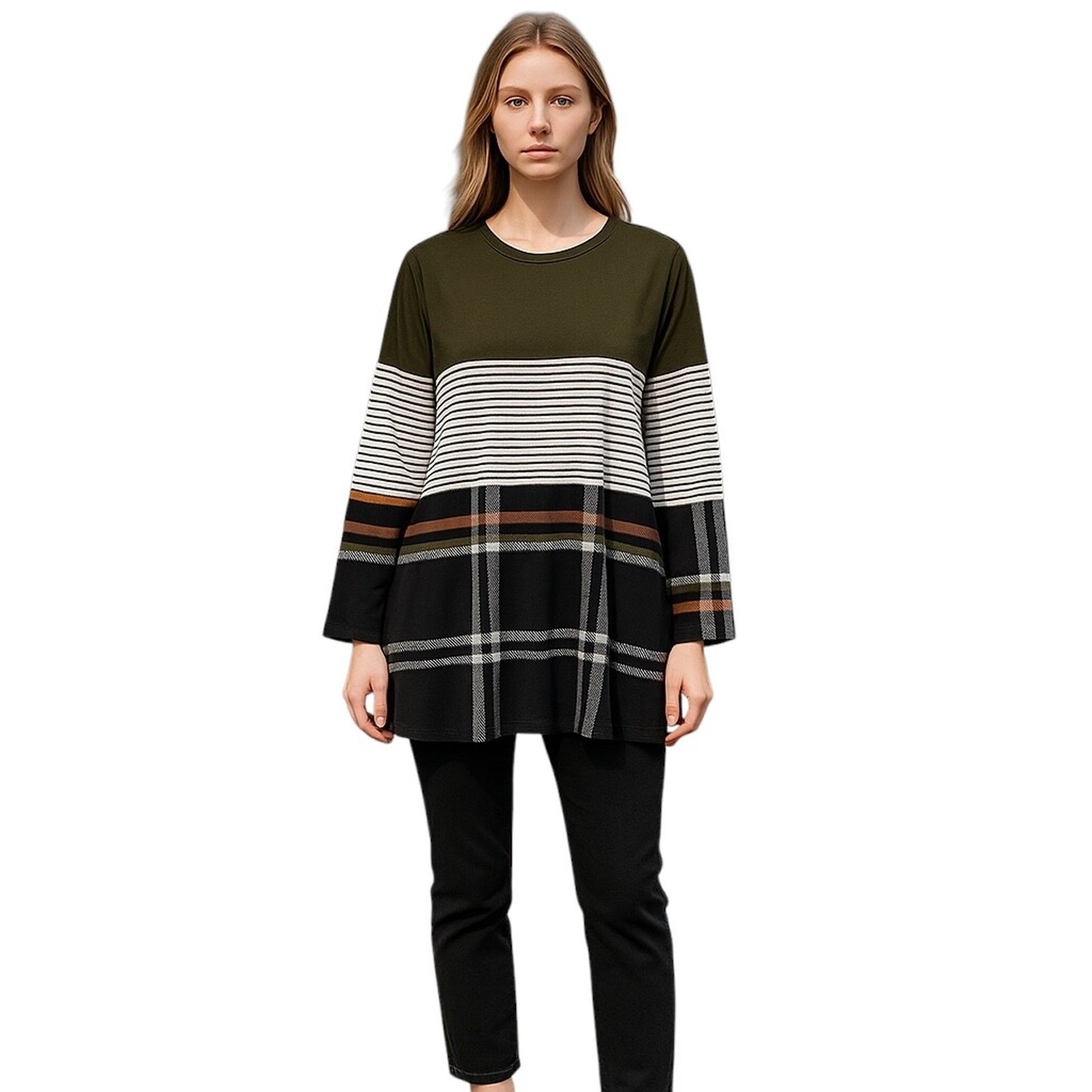 Egs California Colorblock Striped Plaid Crew Neck Tun… - Gem