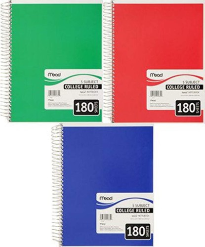 Mead Spiral Notebook 5 Subject,180 Count College-Ruled (05682) | eBay