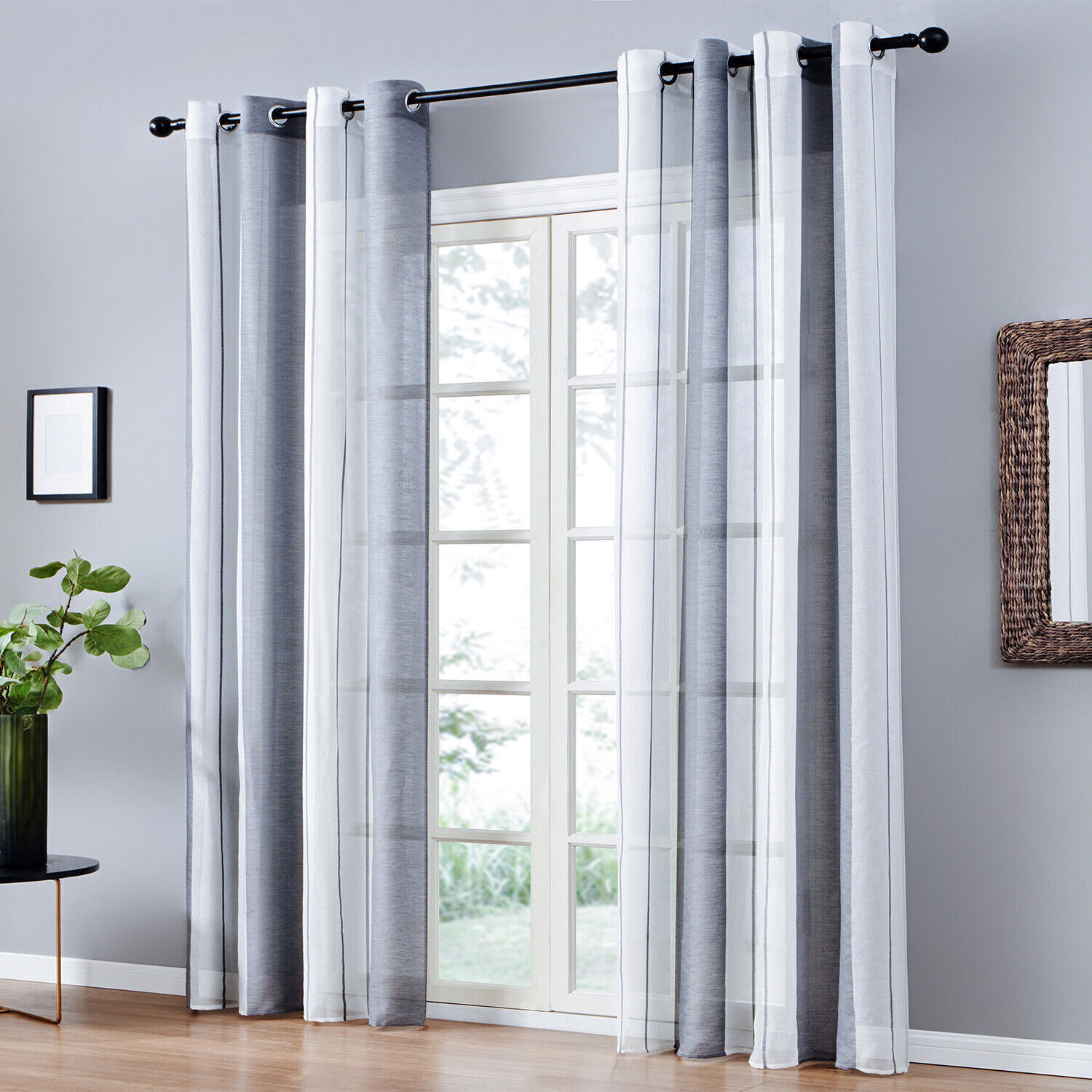 1 PC Striped Voile Curtains Grey Sheer Curtains With Eyelet Ring Top ...
