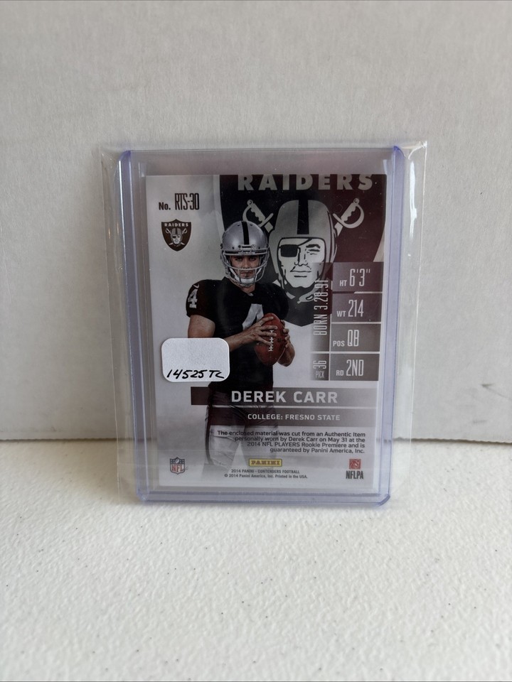 Derek Carr Rookie Card Panin 2014 with game worn jersey | eBay