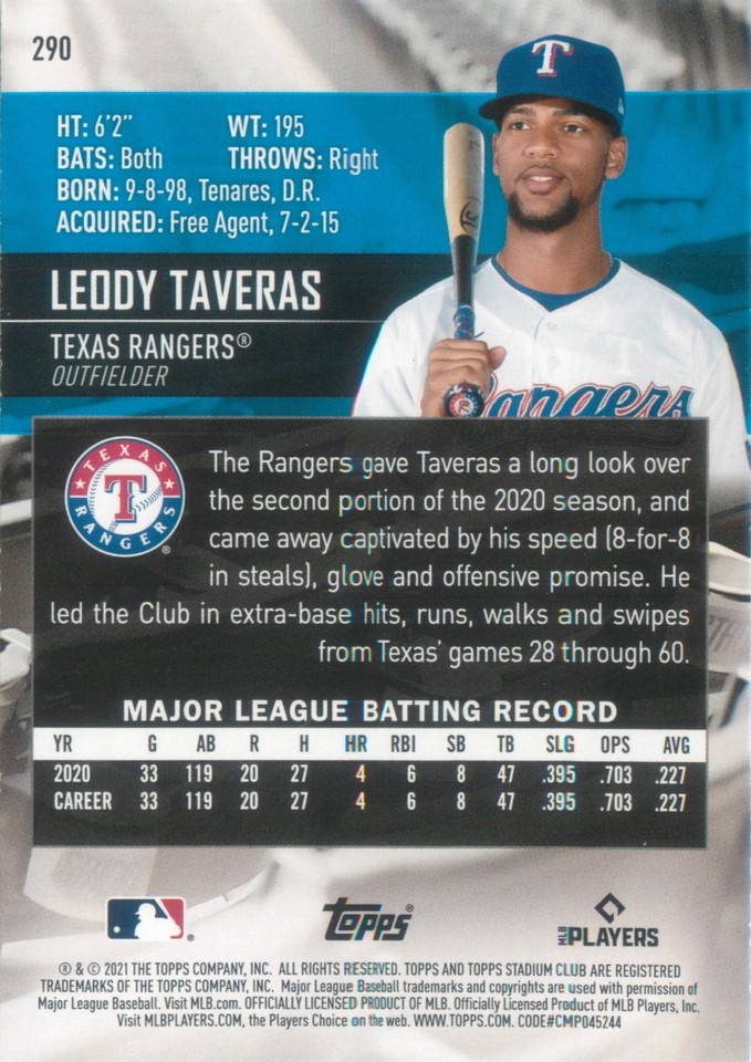 Leody Taveras RC 2021 Topps Stadium Club Baseball Rookie Card #290 ...