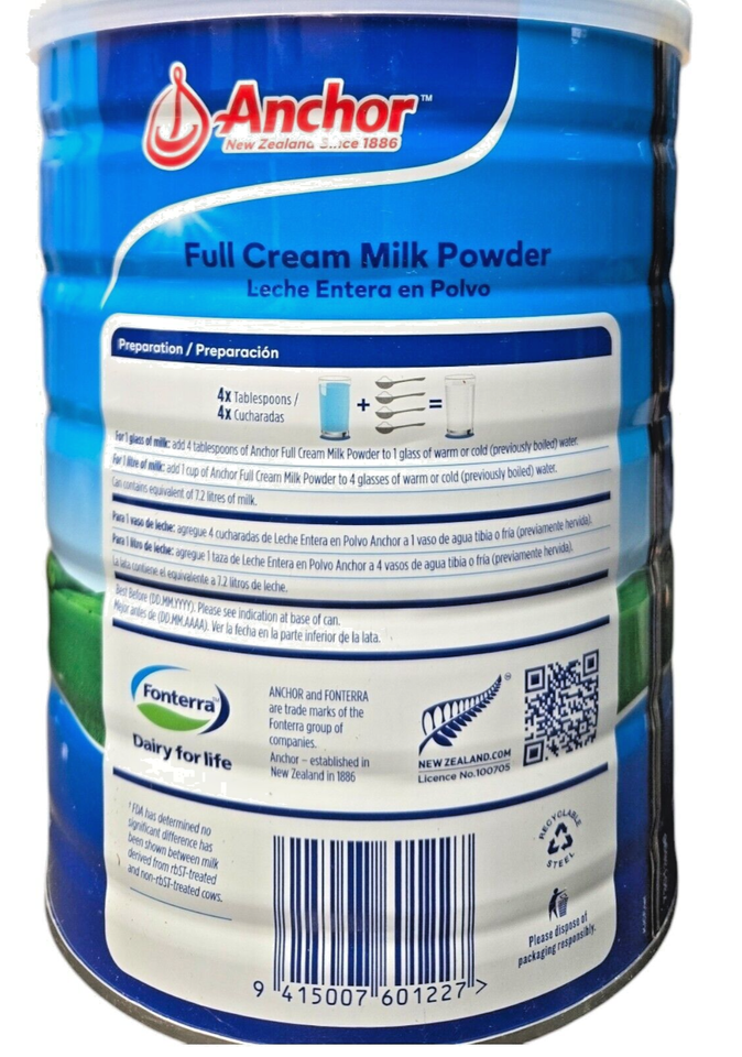 Anchor Full Cream Milk Powder from grass fed cows, - 900G / 2LB - Fast ...