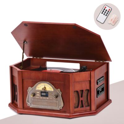 Classic Wood Turntable 8 in 1 Bluetooth Tape Vinyl Record Player With 3 ...