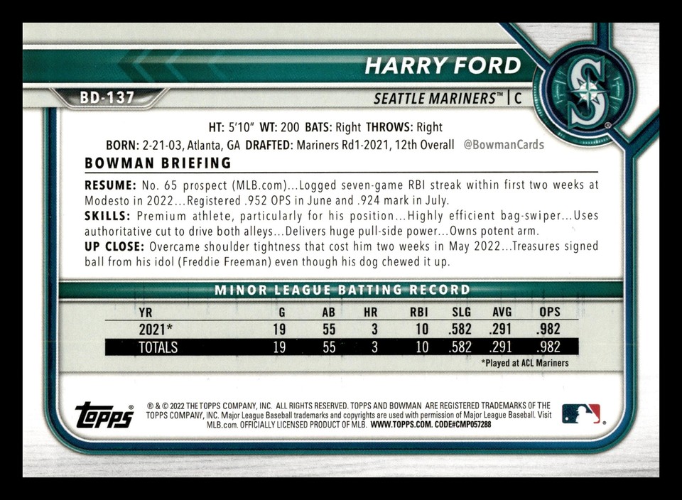 2022 Bowman Draft Harry Ford #BD-137 Seattle Mariners Mint | eBay