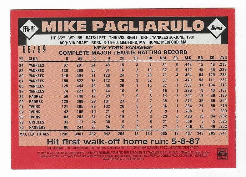 Mike Pagliarulo 2020 TOPPS ARCHIVES FAN FAVORITES AUTOGRAPH CARD ...