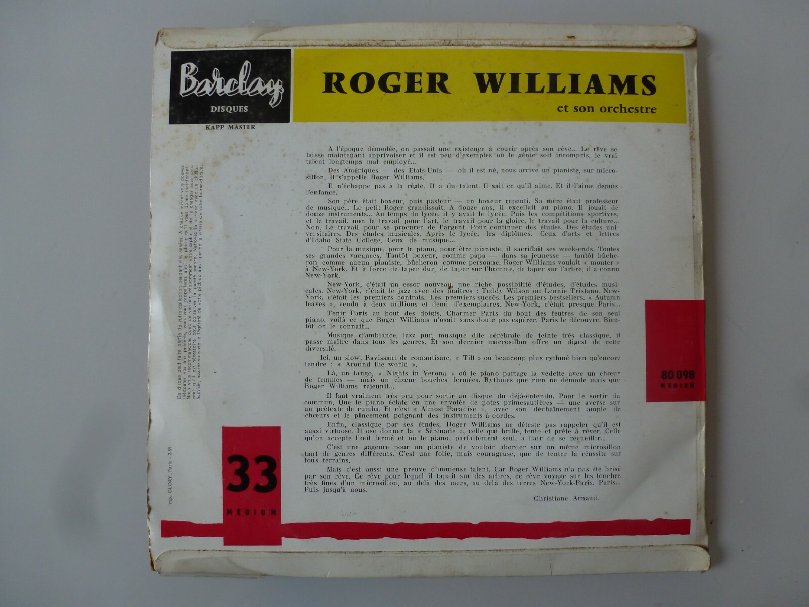 ROGER WILLIAMS " TILL " BARCLAY JAZZ DISQUE VINYLE 33 TOURS 25 CM LP ...