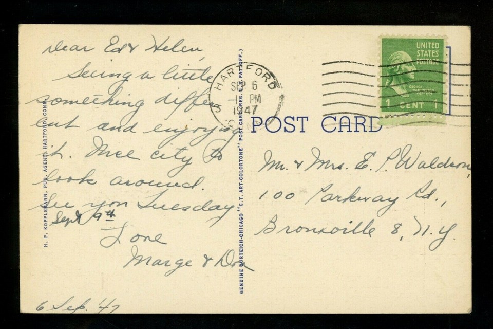 Post Office postcard Connecticut CT Hartford flag cars tree street ...