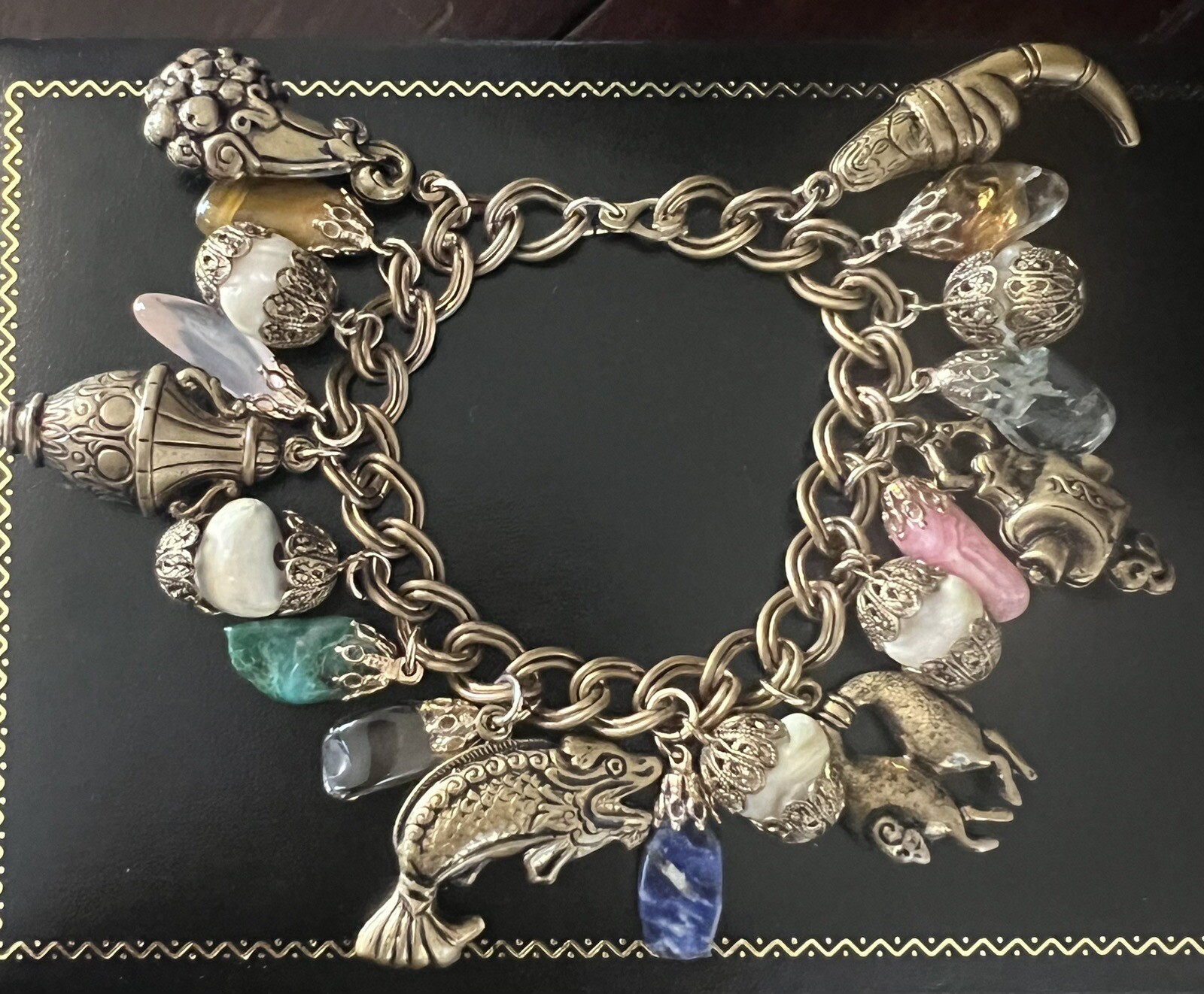 Vintage Miriam Haskell Asian Charm Link Bracelet Agat… - Gem