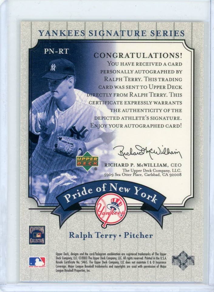 2003 Upper Deck Yankees Signature Series Ralph Terry Pride of New York ...