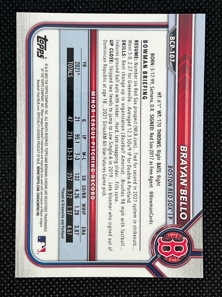 2022 Bowman Chrome Prospects Brian Bello 1st Bowman Chrome BCP-107 Red ...