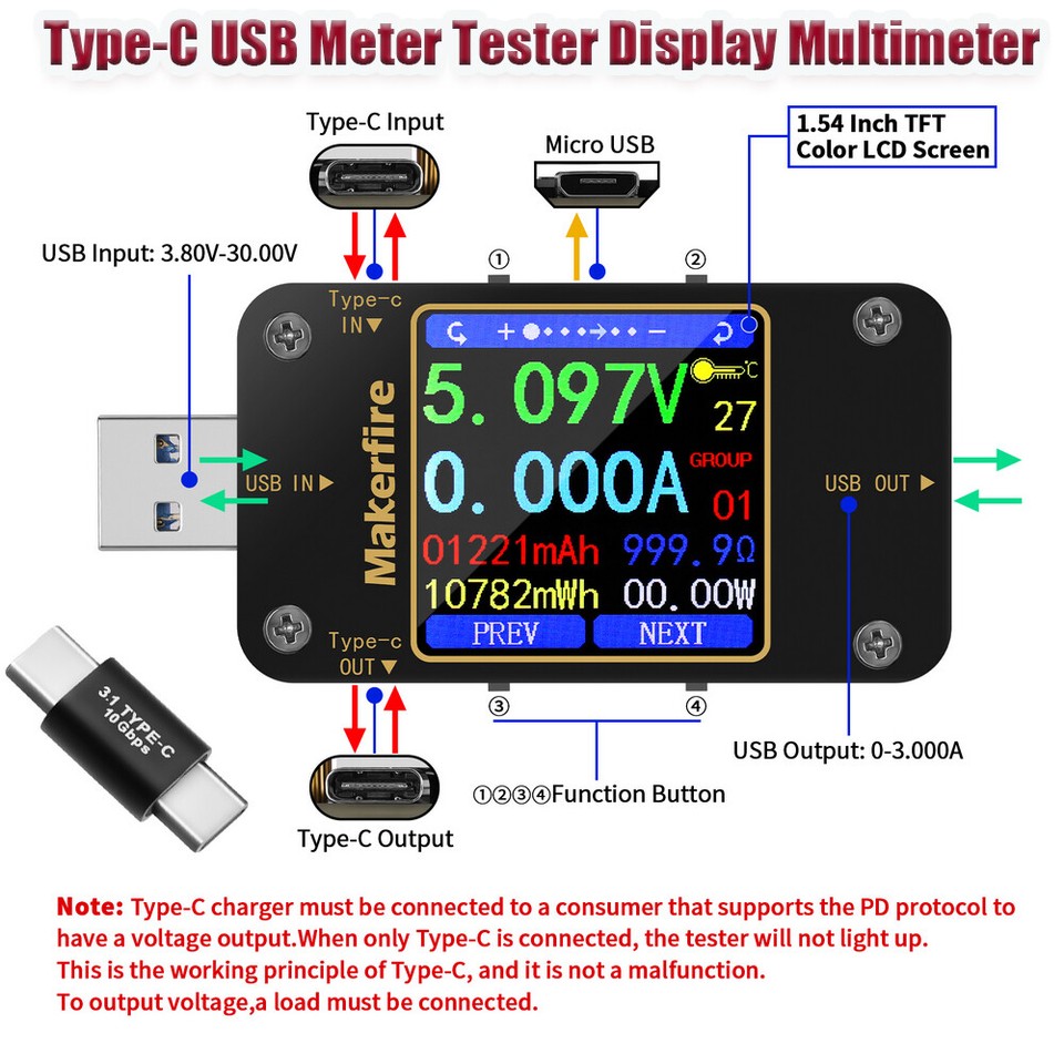 USB Type C Multimeter Current Meter Voltmeter Voltage Digital Tester ...