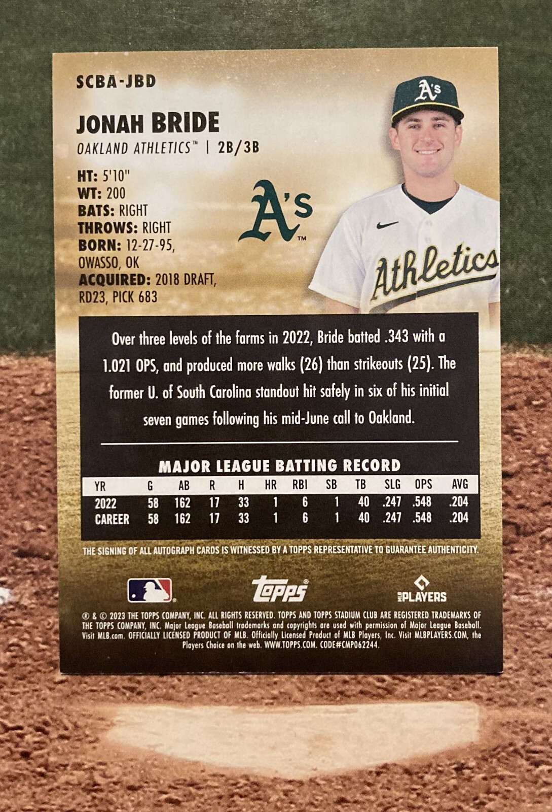 2023 Topps Stadium Club Jonah Bride On-Card Auto RC SCBA-JBD Athletics ...