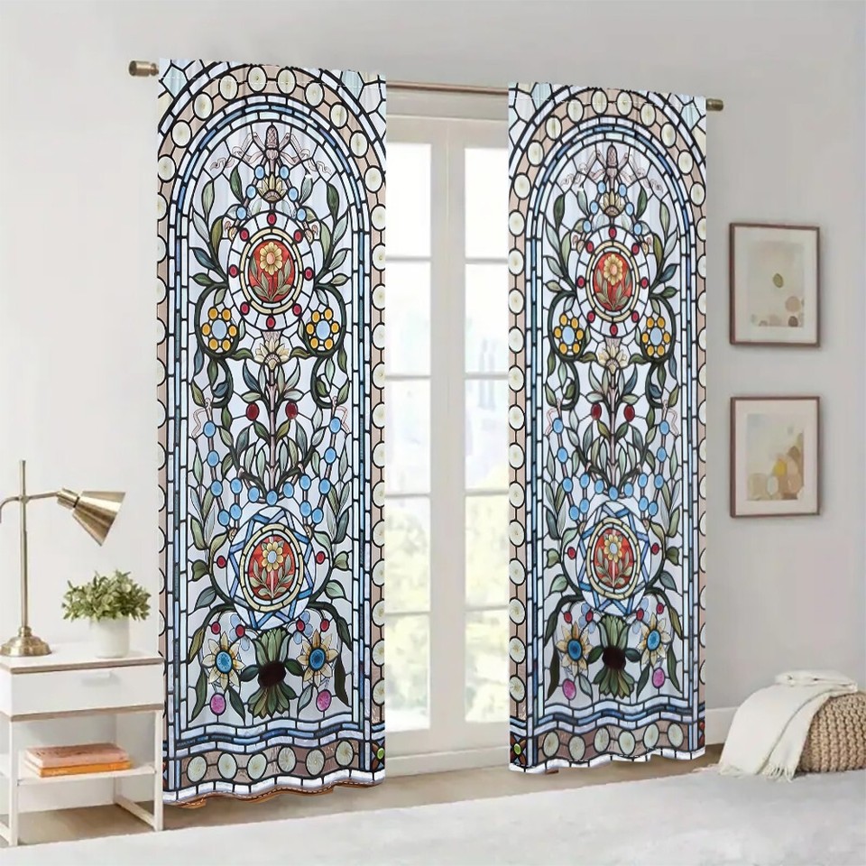 2Pcs Stained Glass Window Curtain Blinds Drapes Bedroom Living Room ...