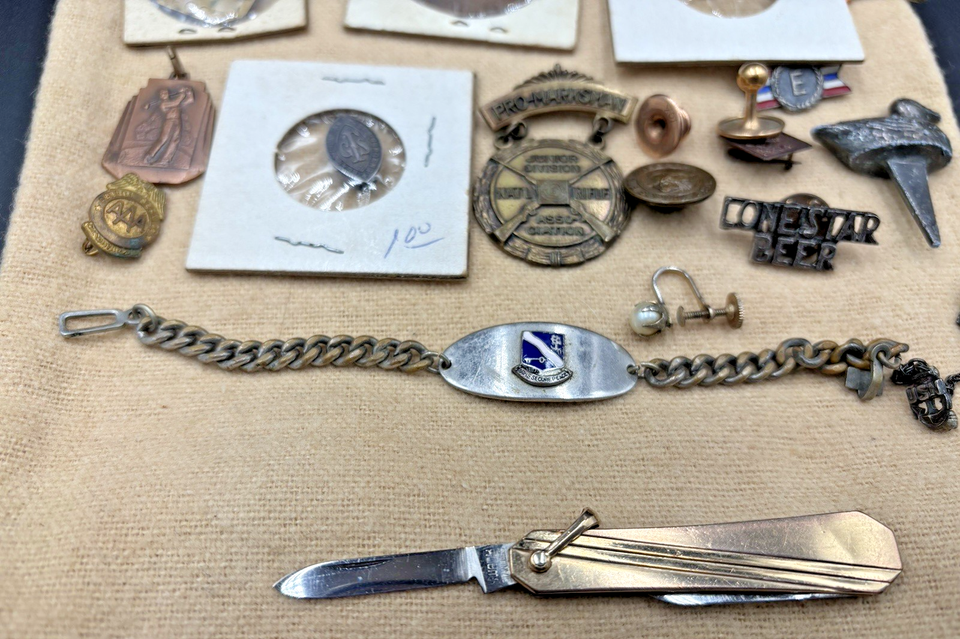 MISC VTG ANT BADGES, GOLD COLLAR BUTTONS, KNIFE, COINS, PINS, BRACELET ...