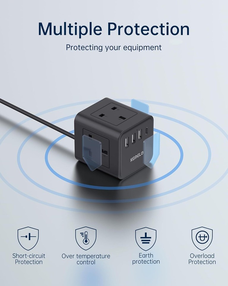 Kemelo 4 Way Electric Extension Lead Cube Socket 4USB 1.5M UK Cable ...