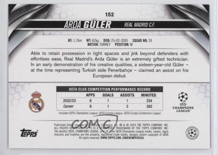 2023-24 Topps UEFA Club Competitions Pink Sparkle Foil Arda Guler Güler ...