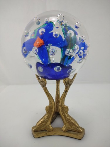 9.5" Glass /Murano Aquarium Ball Hold by Dolphin Brass Decoration ...