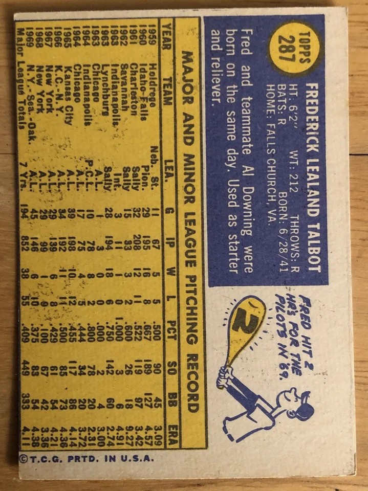 1970 Topps Fred Talbot Baseball Card #287 Athletics Pitcher Low-To-Mid ...