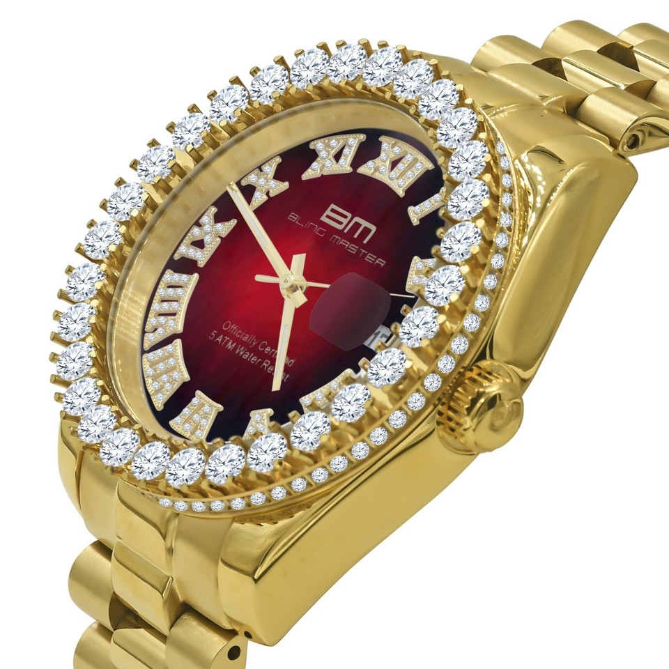Ruby Red Dial Solid Stainless Steel Men's 18K Yellow Gold Tone Finish ...