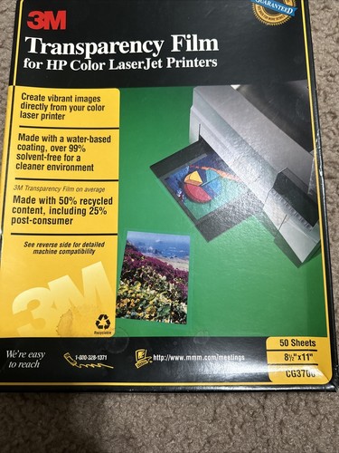 3M Transparency Film For Color HP Laser Printers CG3700 18 Sheets 8.5 ...