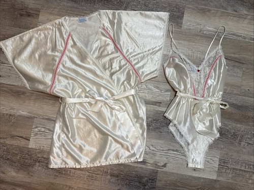 Vtg Negligée Lace Lingerie Teddy & Robe Ivory White High Cut Ruffle ...
