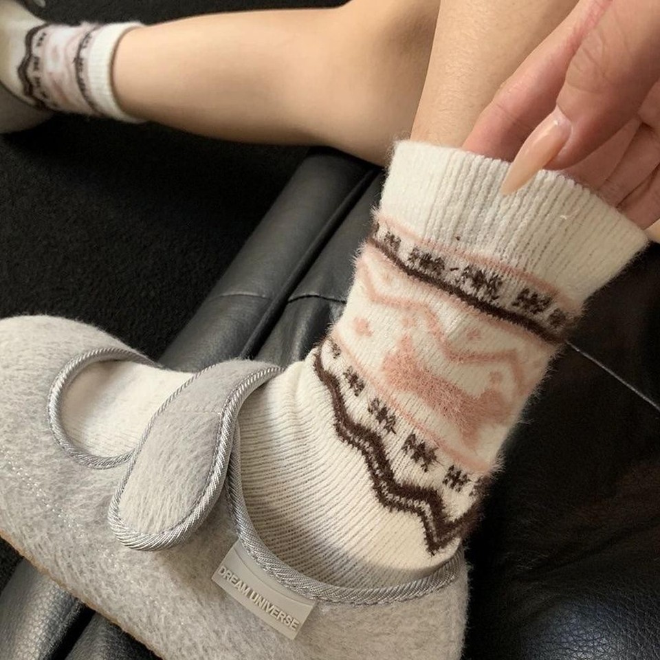 5 Pairs Fair Isle Nordic Pattern Socks Mid Calf Soft Socks Warm Winter ...