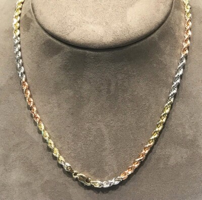 27 gm 14k Gold Tri Color Men's Women's Diamond Cut Rope Chain Necklace ...