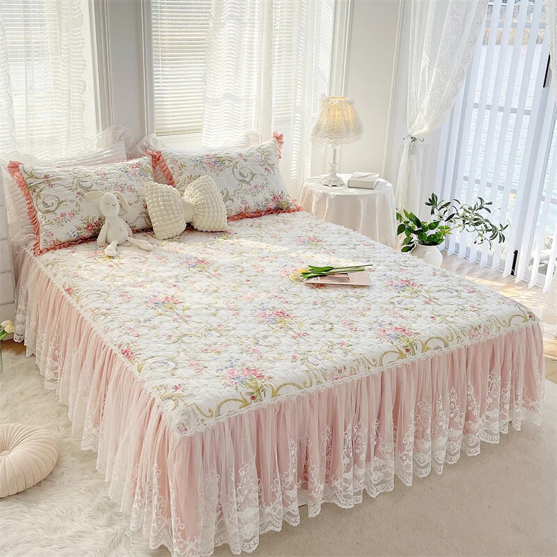 100%Cotton Elegant White Lace Ruffles Quilted Floral Pattern Bed Skirt ...
