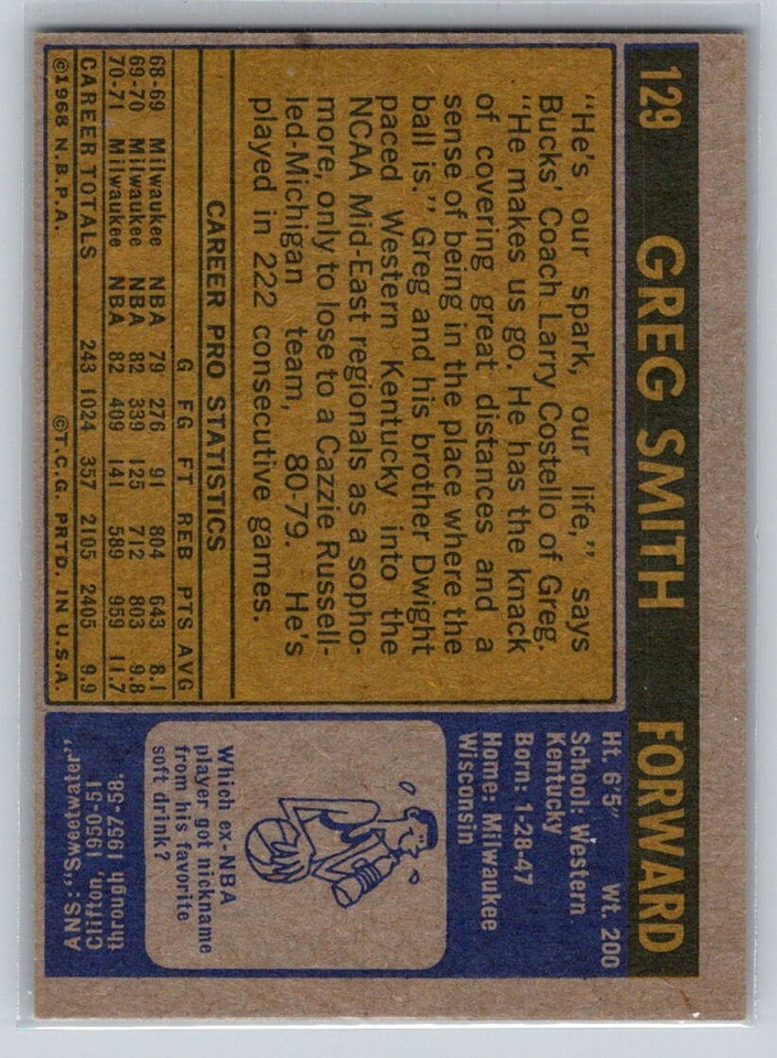 1971 Topps #129 Greg Smith DP Milwaukee Bucks Card | eBay