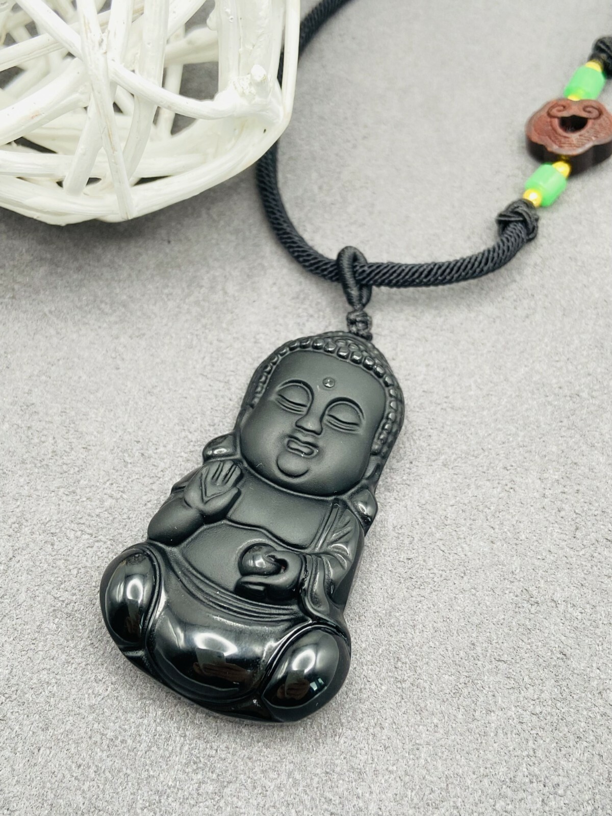 Jade Obsidian Buddha Charm Pendant Necklace Beads Cord Handmade Carved ...