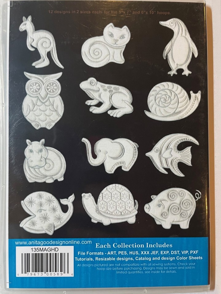 Anita Goodesign Designer Animals (cat,elephant,turtle,fish) Embroidery ...