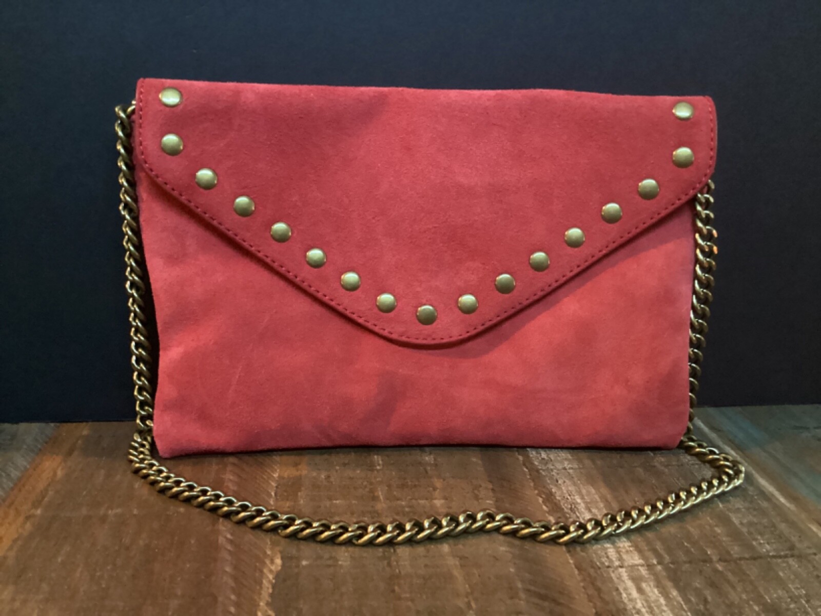 New J.Crew Red Studded Suede Envelope Purse Handbag chain strap | eBay